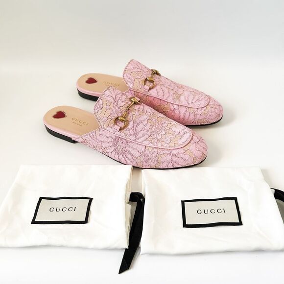Gucci | Shoes | Gucci Princetown Mules Pink Lace Slippers Horsebit ...